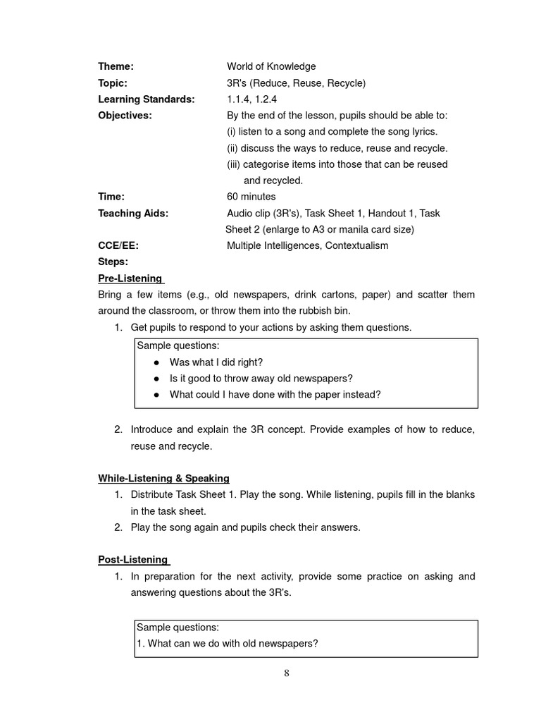 7 Sample Lesson 3r's | Reuse | Recycling