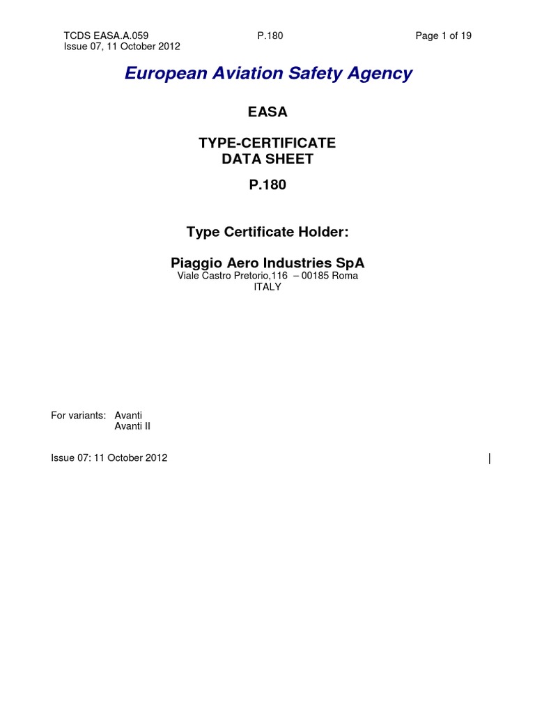 EASA-TCDS-A.059 Piaggio Aero Industies Spa P.180!07!11102012 | PDF ...