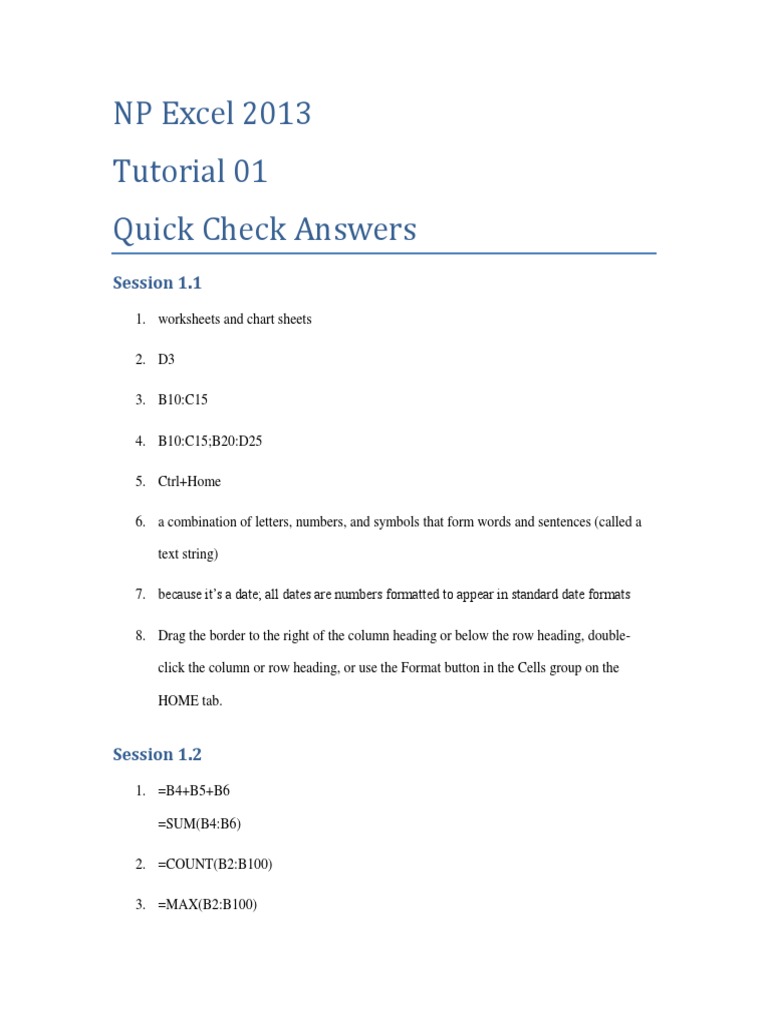 Excel 2013 Quick Check Answers | PDF