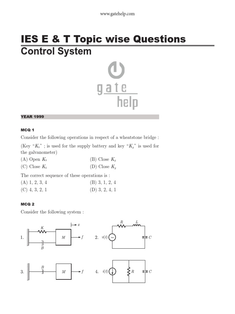 IES E & T Topic wise Questions Control System 1999 MCQ 1-20 | PDF | Control Theory | Cybernetics
