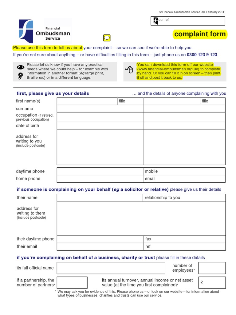Complaint Form: Financial Ombudsman Service | PDF | Payment Protection ...