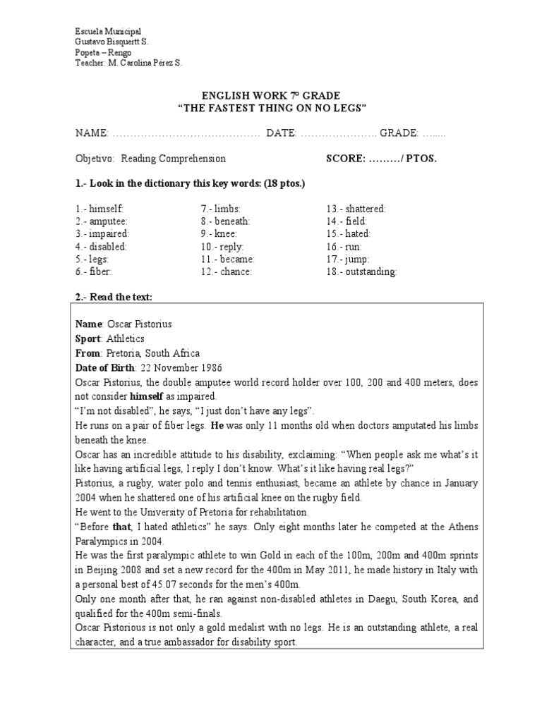 Reading Comprehension - Oscar Pistorius | PDF | Amputation | Paralympic ...