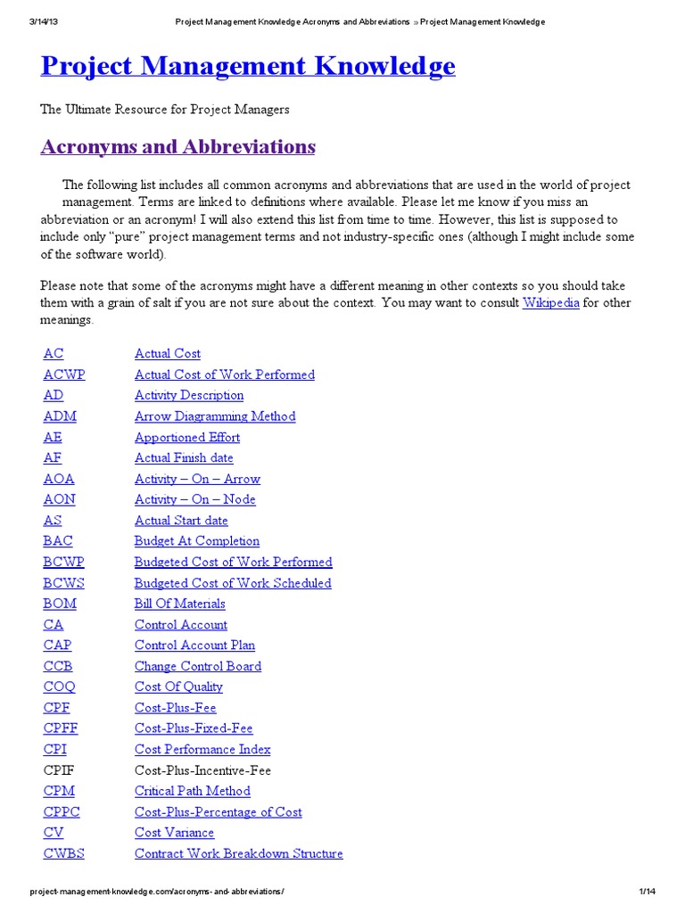 Project Management Knowledge Acronyms and Abbreviations | PDF | Project ...