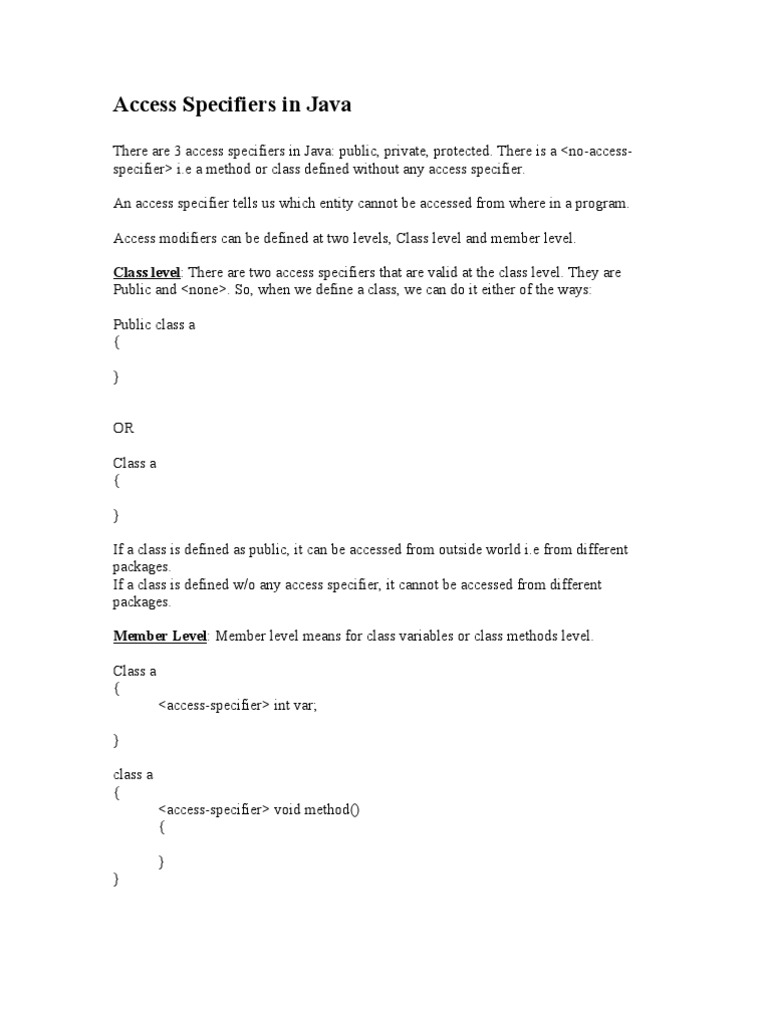 Access Specifiers In Java Pdf Class Computer Programming Method Computer Programming