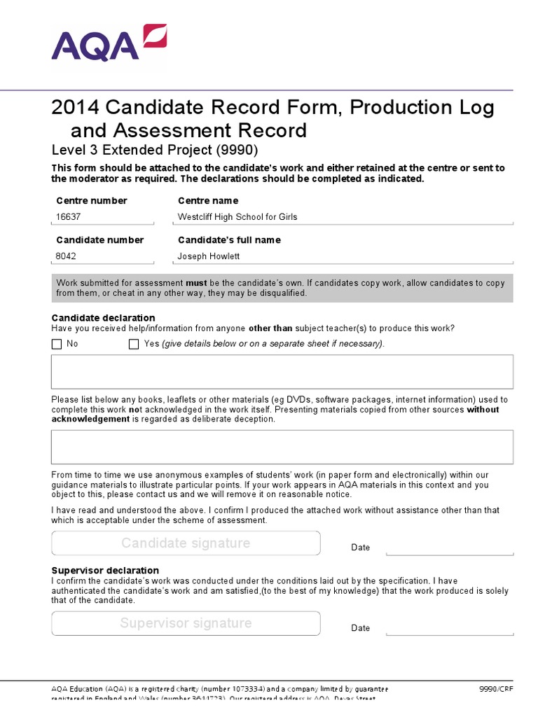 Extended Project Candidate Record Form | PDF | Technology & Engineering