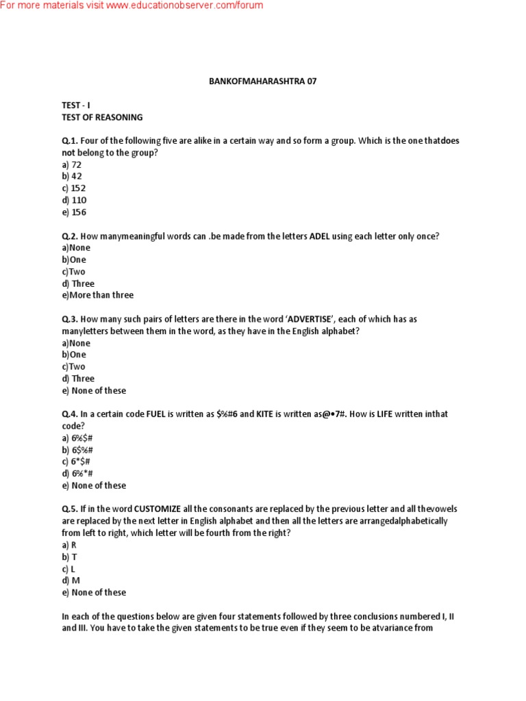 IBPS PO Model Paper - Bank of Maharashtra Probationary Officer 2007 ...