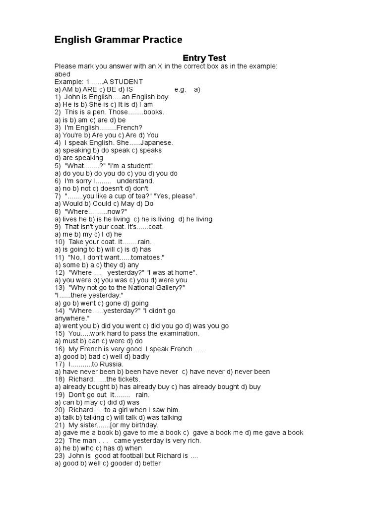 English Grammar Practice: Entry Test | PDF | Foods