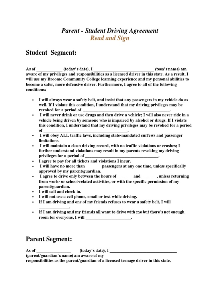 Parent-Student Driving Agreement Form | PDF | Driving | Automobiles