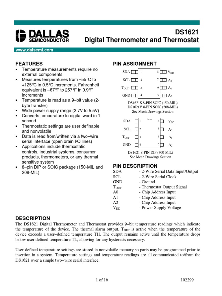 DS1621 Digital Thermometer and Thermostat: Features Pin Assignment ...