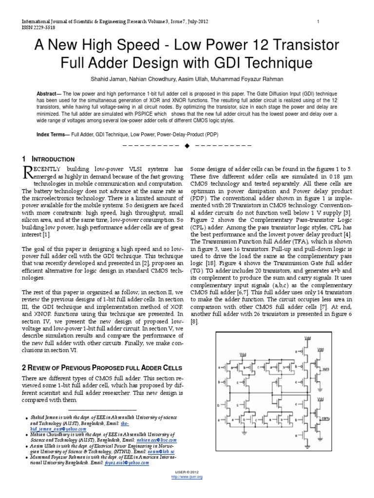 A New High Speed Low Power 12 Transistor Full Adder Design With GDI ...