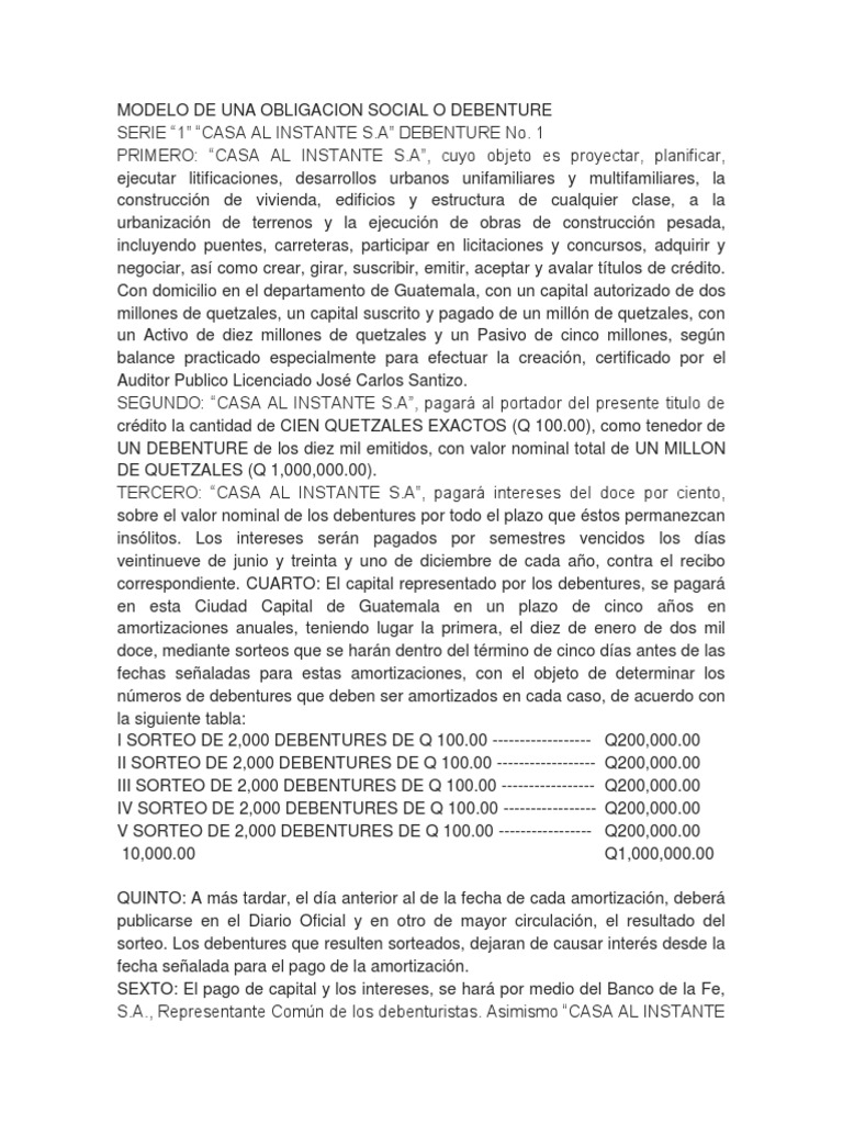 Modelo Debenture | PDF | Pagos | Compartir (Finanzas)