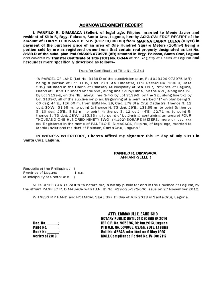 Acknowledgment Receipt, Re: Deed of Sale | PDF | Urban | Property Law