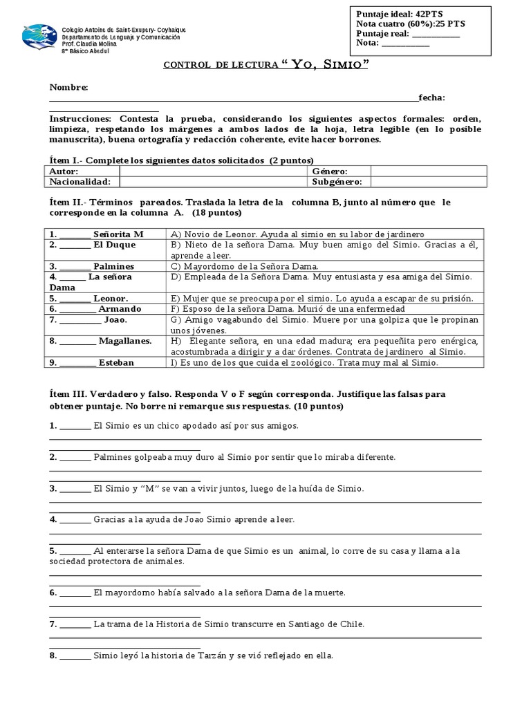 Control de Lectura Yo Simio | PDF