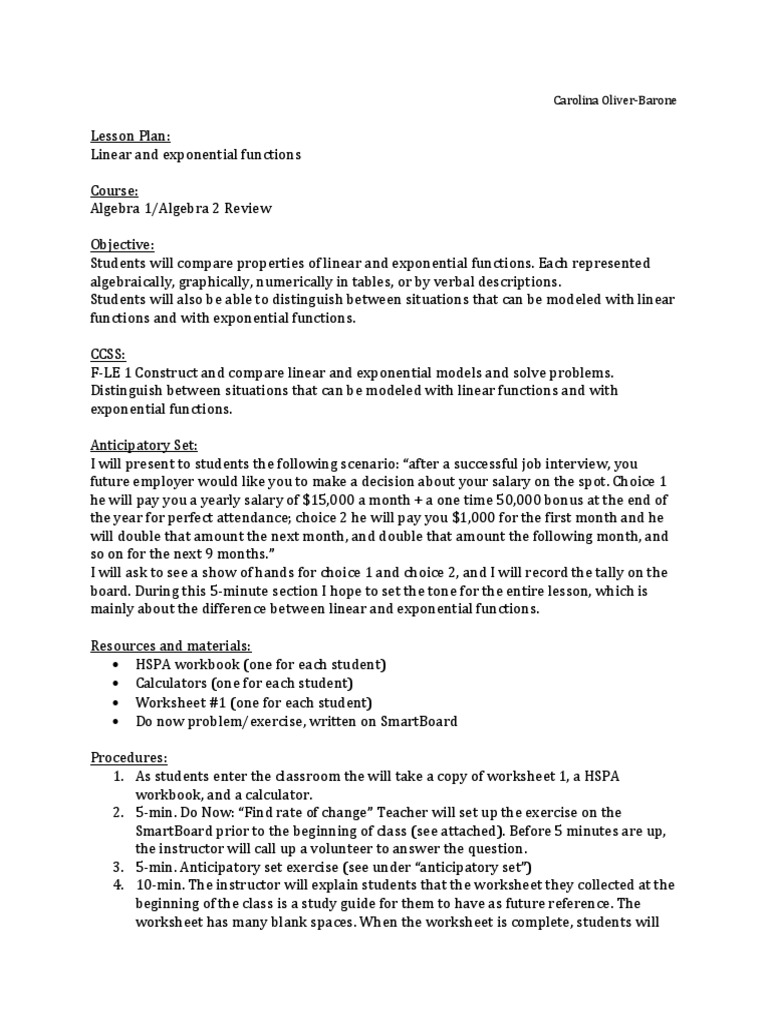 Lesson Plan Linear and Exponential Functions | PDF | Worksheet | Function (Mathematics)