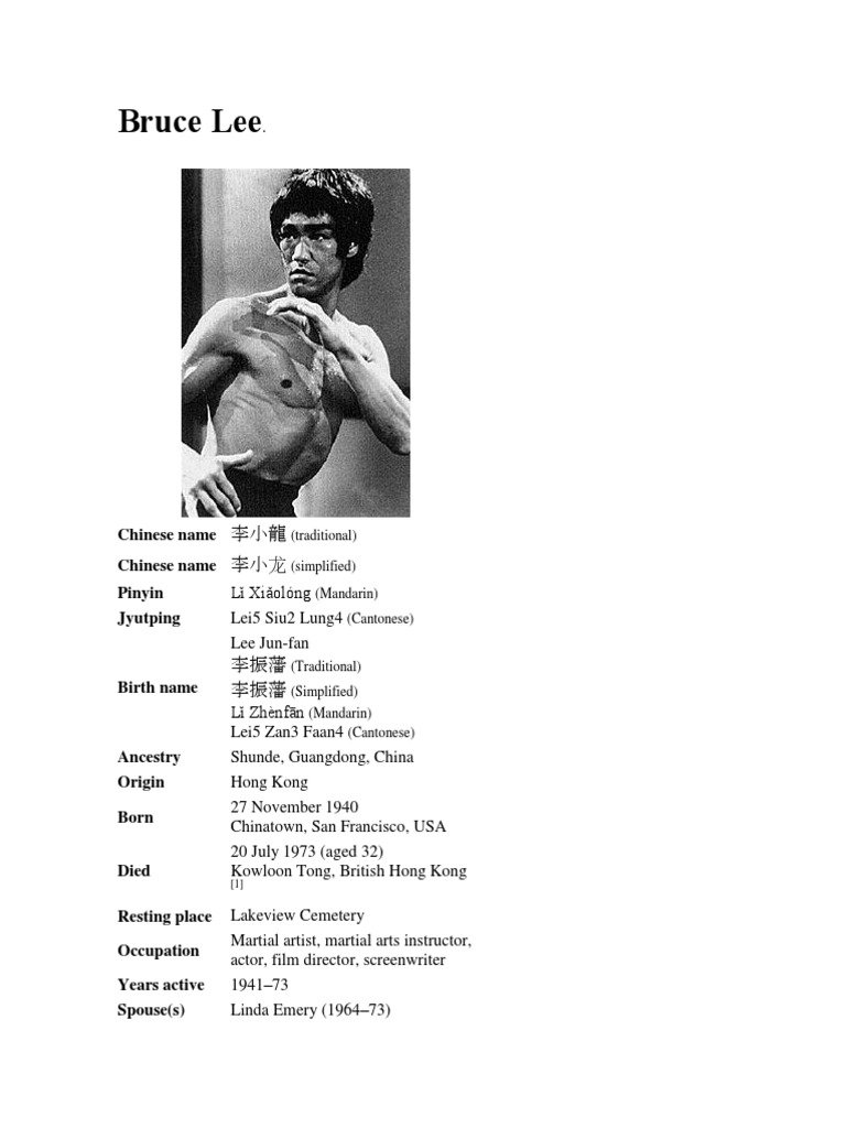 Bruce Lee: Chinese Name Chinese Name Pinyin Jyutping | PDF | Bruce Lee ...