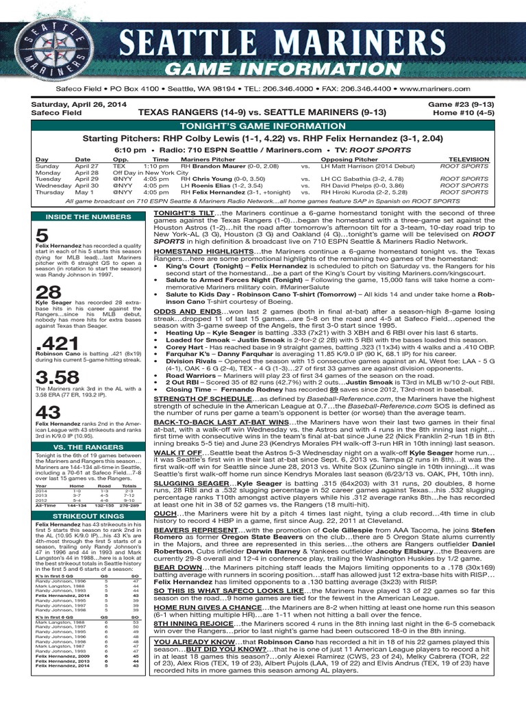 Tonight'S Game Information: Texas Rangers (14-9) vs. Seattle Mariners ...