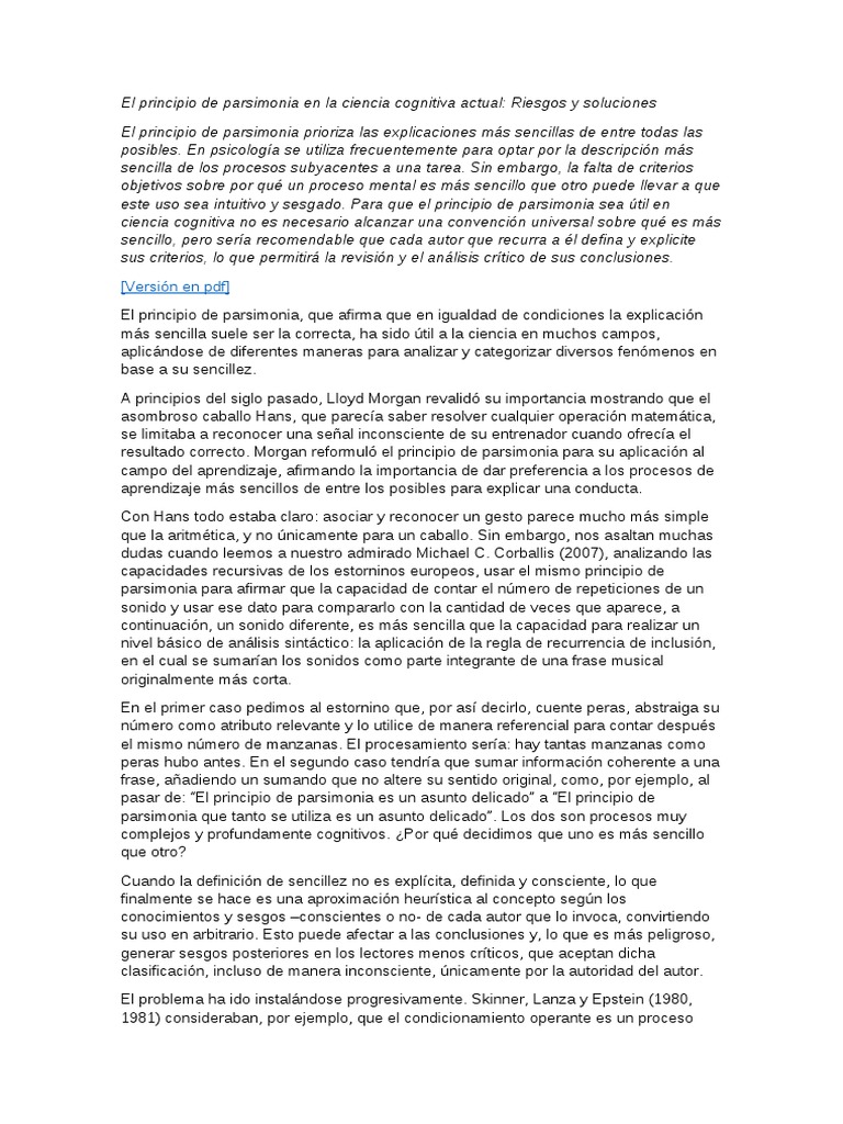 El Principio de Parsimonia en La Ciencia Cognitiva Actual | PDF | La ...