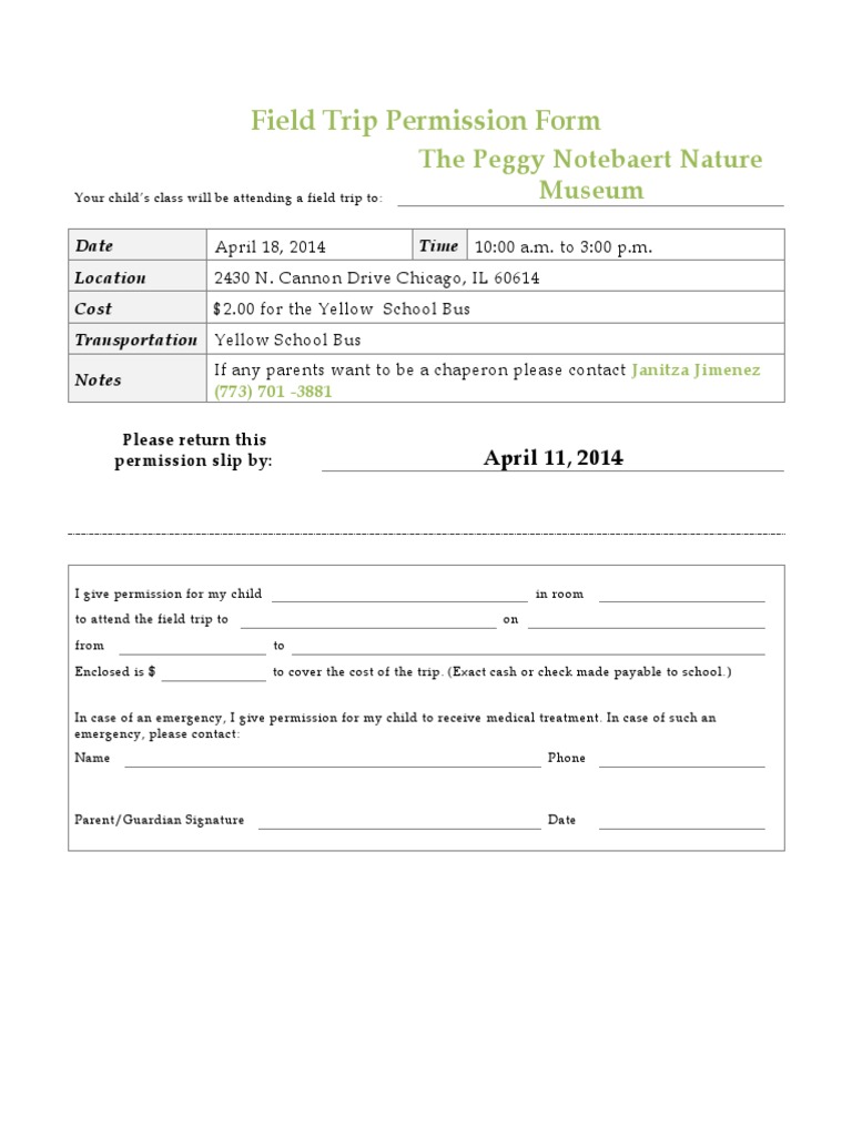 Field Trip Permission Form: Nature Museum | PDF