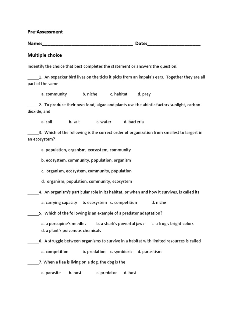 Ecosystem Concepts Pre-Assessment Quiz | PDF | Predation | Symbiosis