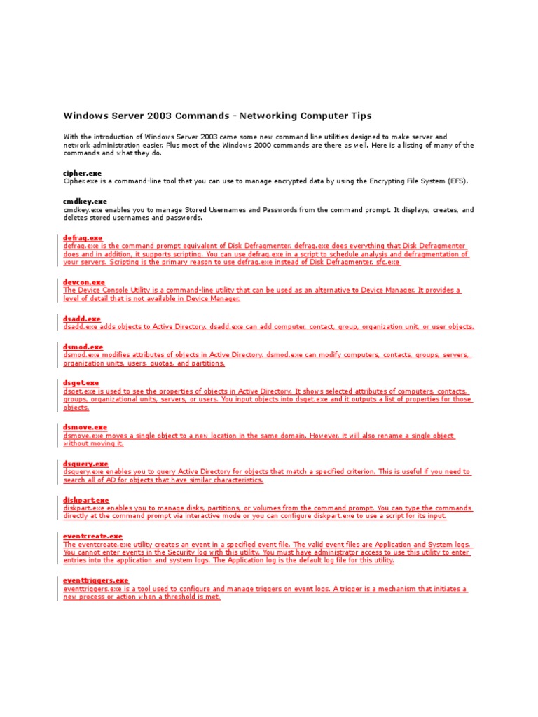 Windows Server 2003 Commands | PDF