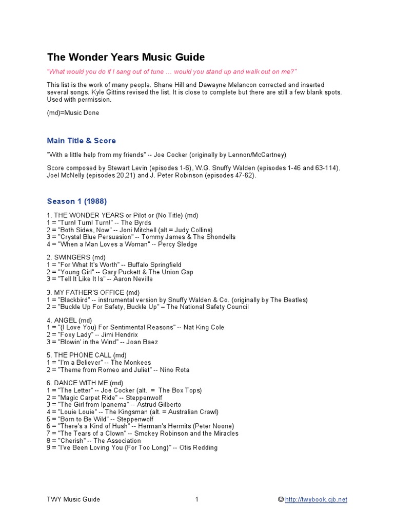 The Wonder Years Music Guide: Main Title & Score | PDF | Art