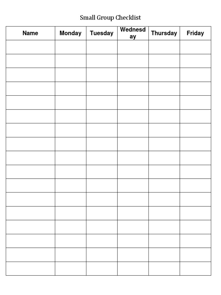 Small Group Checklist Name Monday Tuesday Wednesd Ay Thursday Friday Pdf