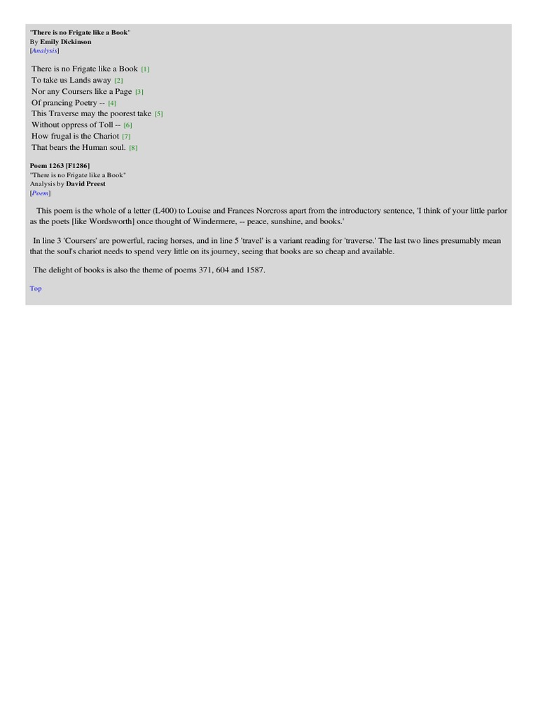 Analysis: " There Is No Frigate Like A Book" by Emily Dickinson | PDF ...