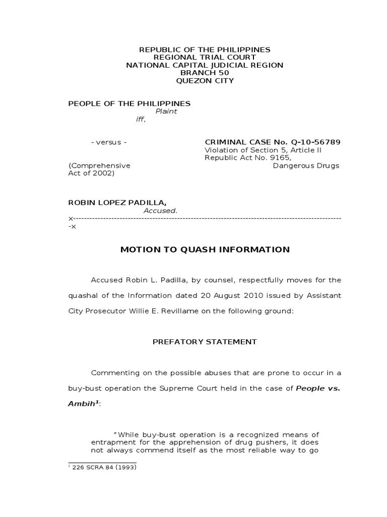 Motion to Quash Information: Arguing the Illegality of the Arrest and ...