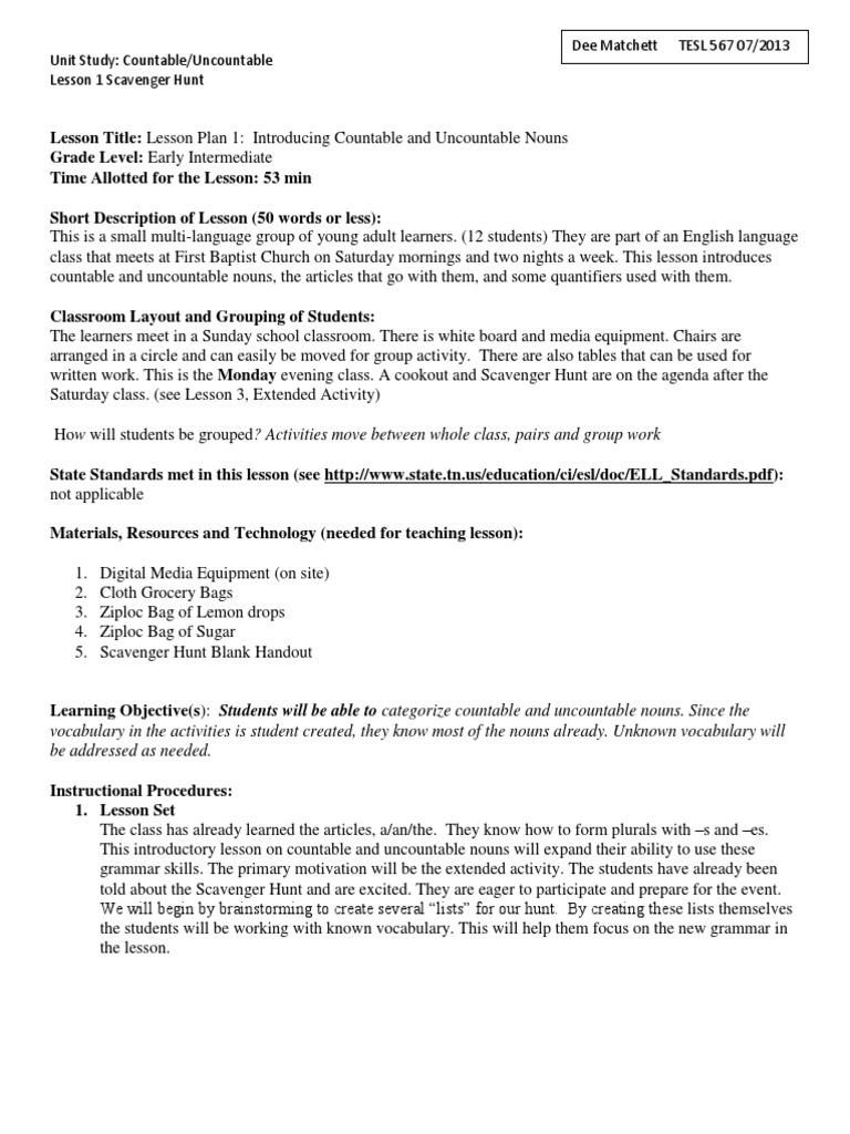 Countable and Uncountable Nouns Lesson | PDF | Teaching | Education Theory