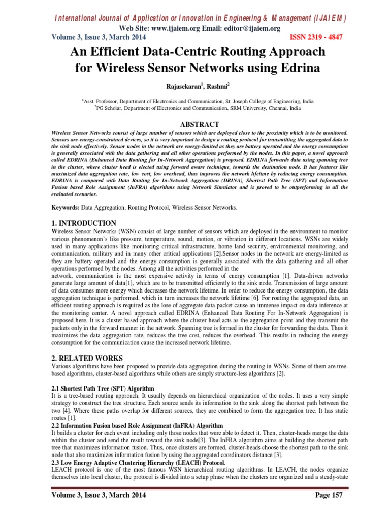 An Efficient Data Centric Routing Approach For Wireless Sensor Networks Using Edrina Pdf