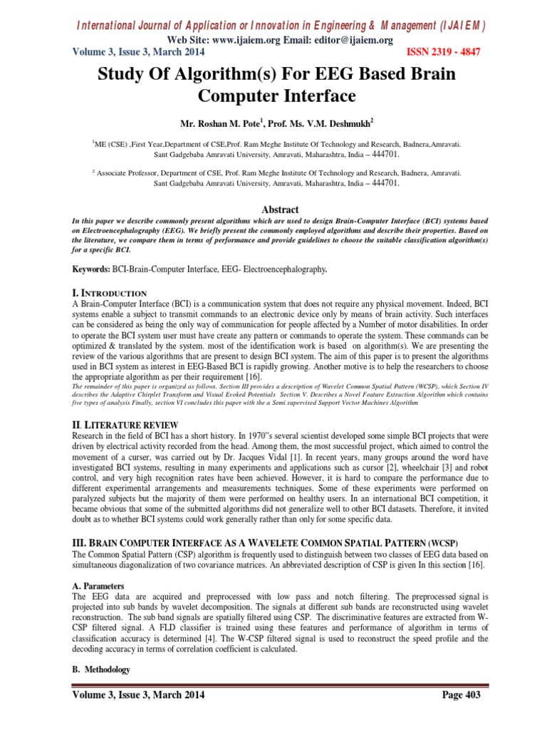 Study of Algorithm(s) For EEG Based Brain Computer Interface | PDF ...