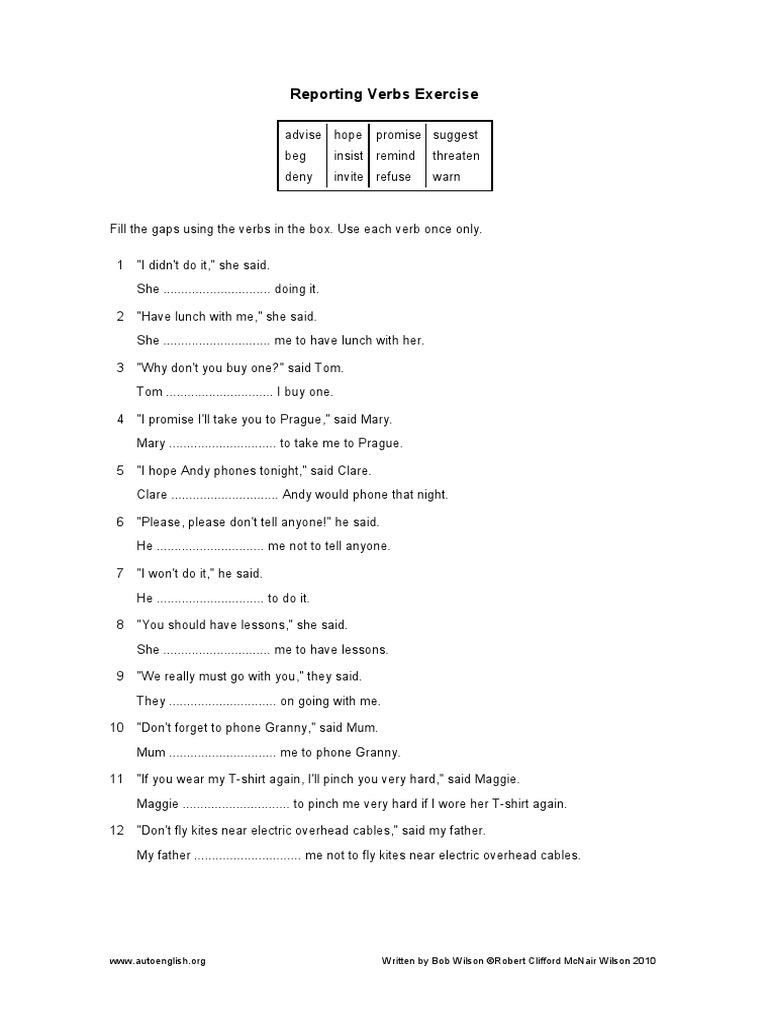 Reporting Verbs Exercise: Written by Bob Wilson ©robert Clifford Mcnair ...