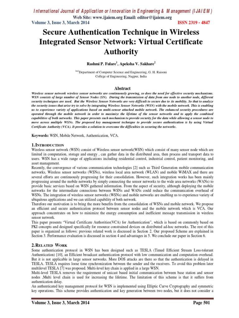 Secure Authentication Technique in Wireless Integrated Sensor Network: Virtual Certificate ...