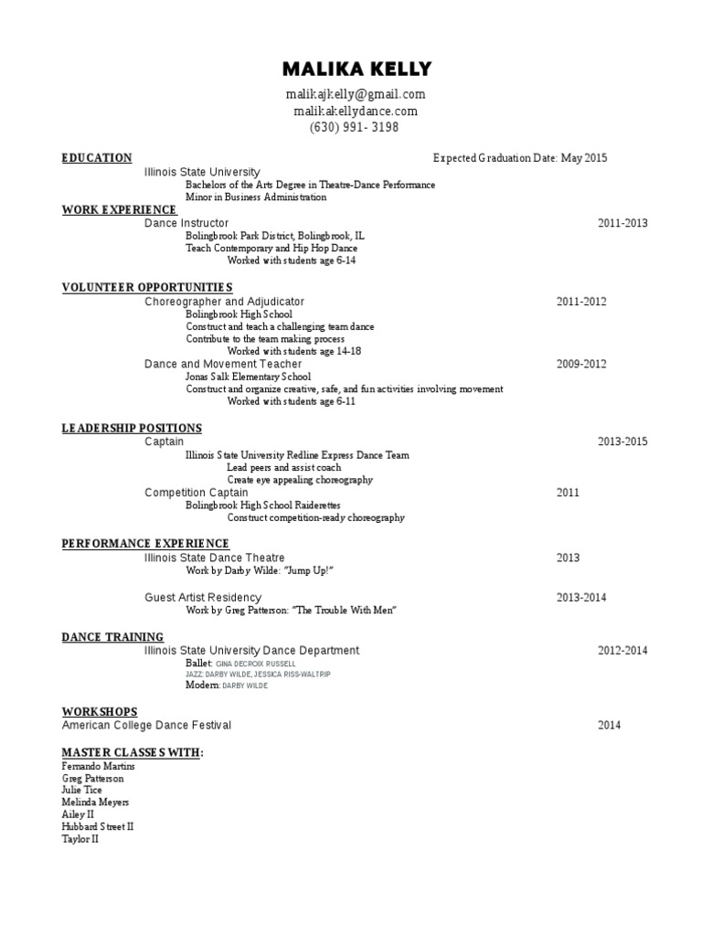 Malika Kelly: Dance Instructor Resume | PDF