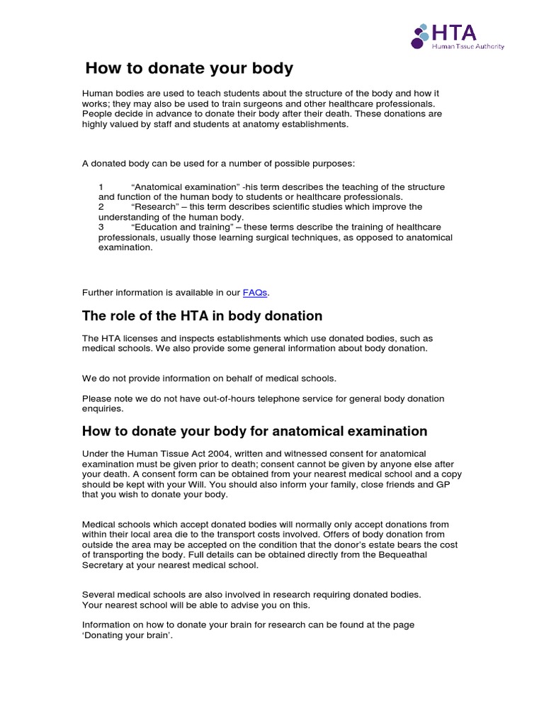 How To Donate Your Body: The Role of The HTA in Body Donation | PDF ...