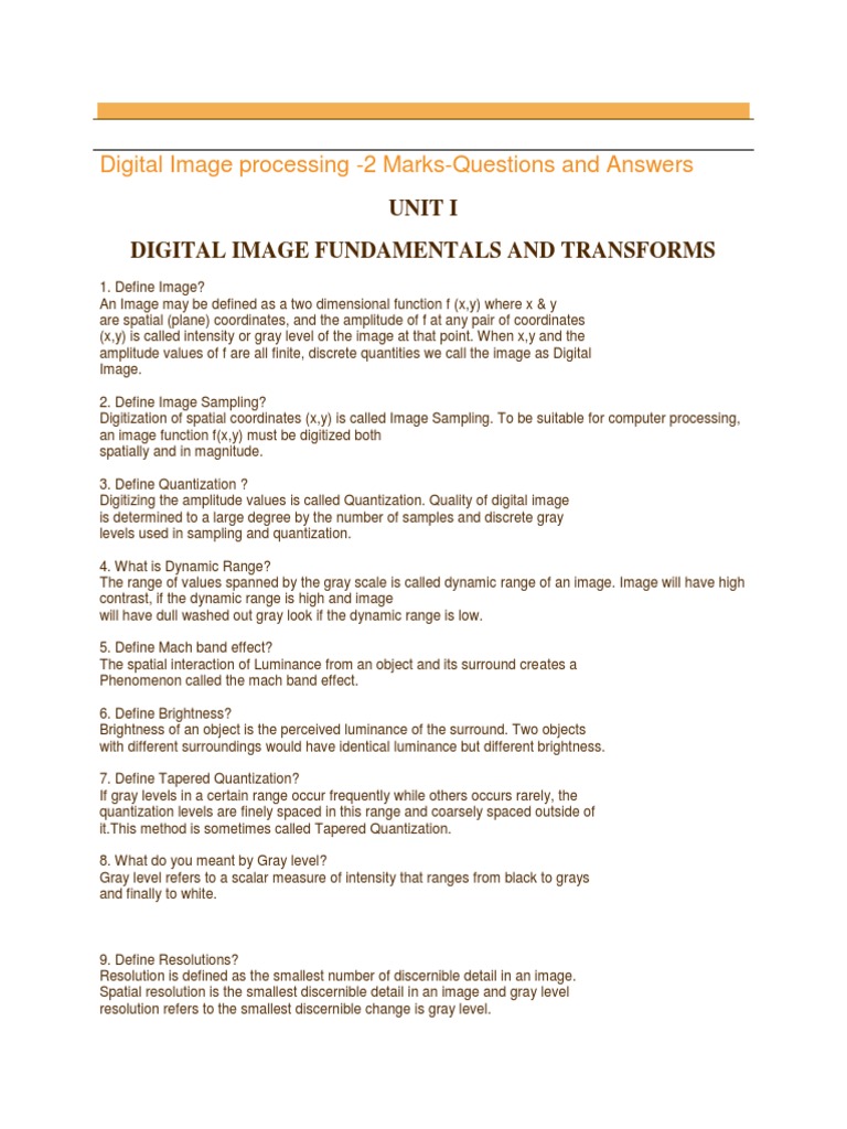 Digital Image Processing - 2 Marks-Questions and Answers | PDF | Data Compression | Discrete ...