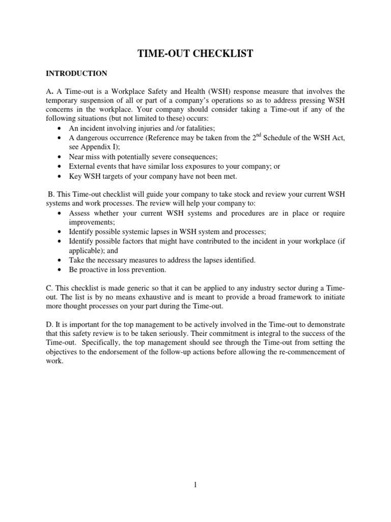 Time Out Checklist | Safety | Employment