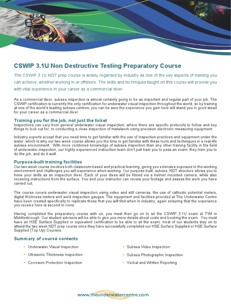 CSWIP 3.1U NDT Course Information | PDF | Scuba Diving | Subsea ...