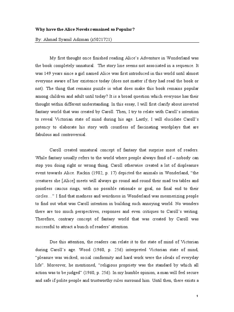 Essay 'Why Alice Remain Popular?' | PDF | Alice (Alice's Adventures In ...