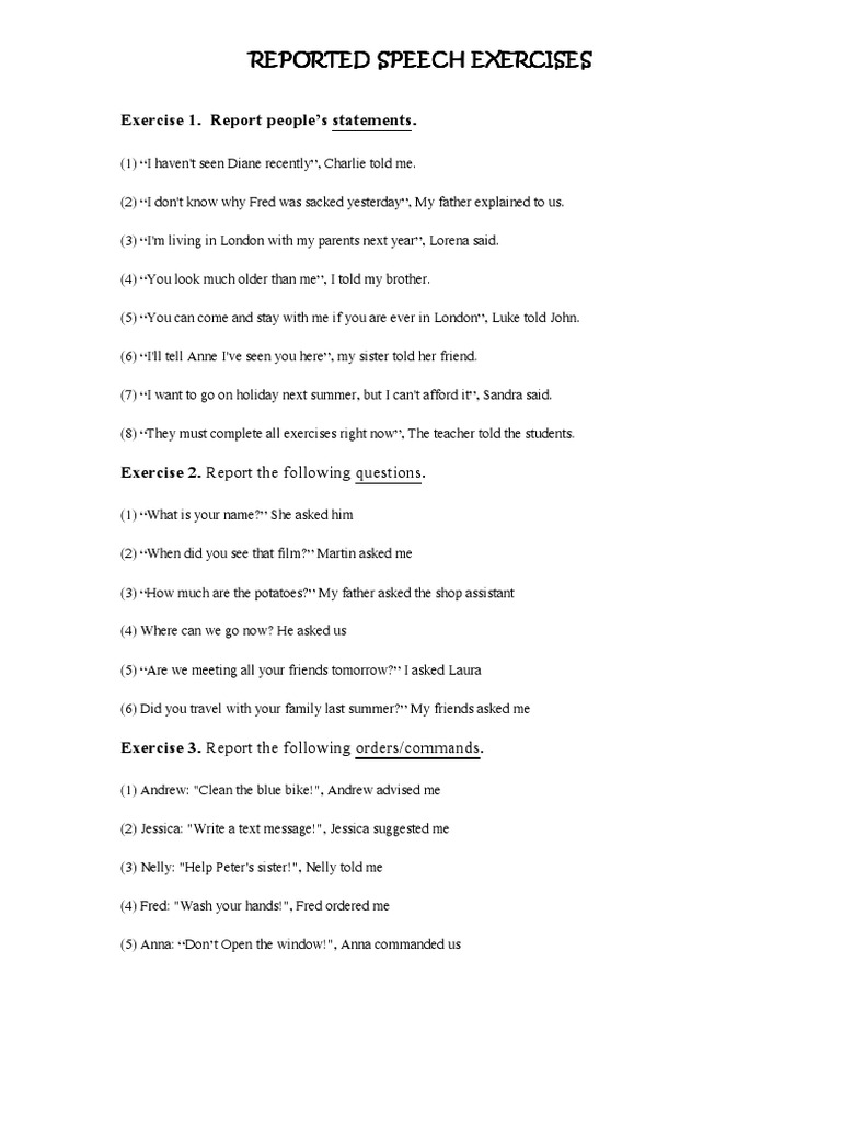 Reported Speech Exercises | PDF