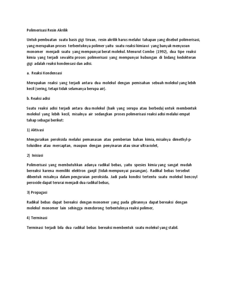 Polimerisasi Dan Manipulasi Resin Akrilik Pdf