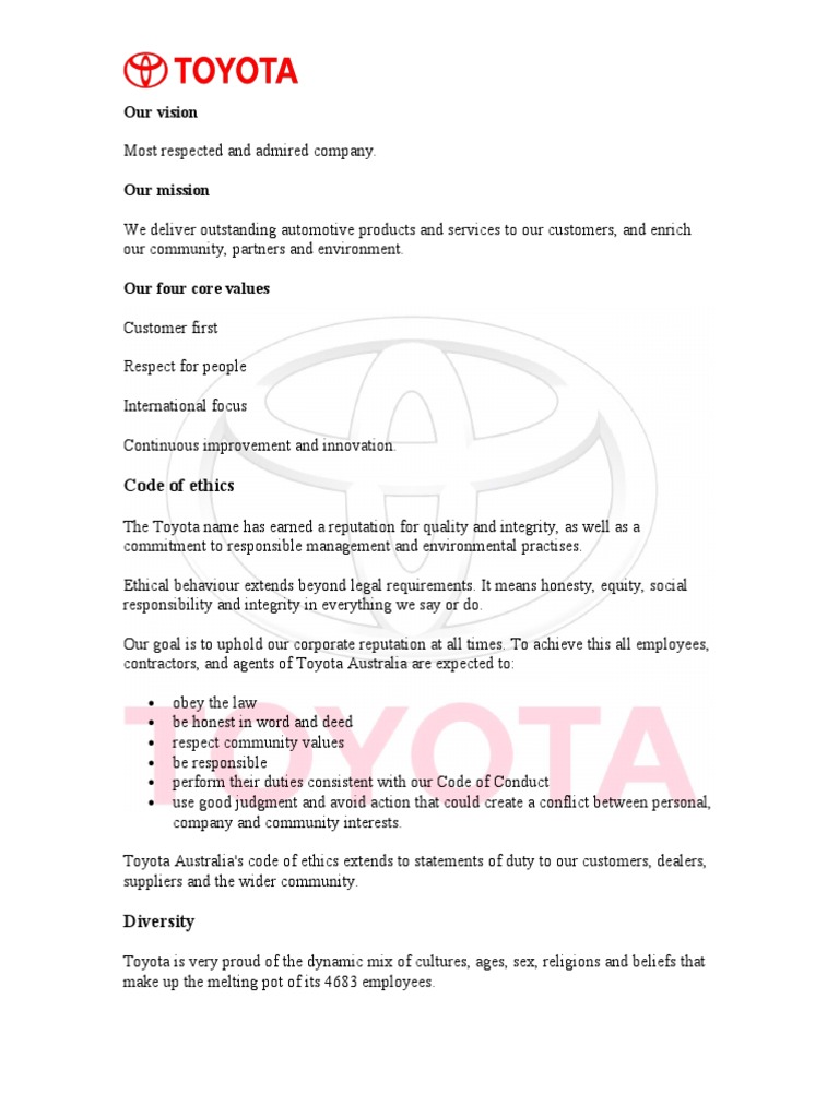 Our Vision: Code of Ethics | PDF | Toyota | Reputation