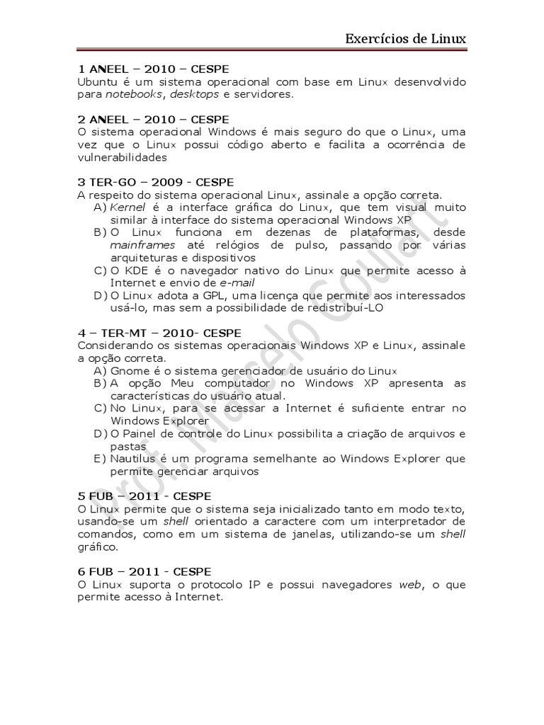 Exercicios Linux | PDF | Linux | Shell (informática)