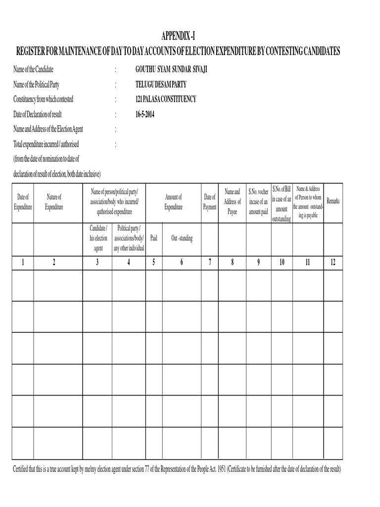 Election Expenditure Register Format | PDF