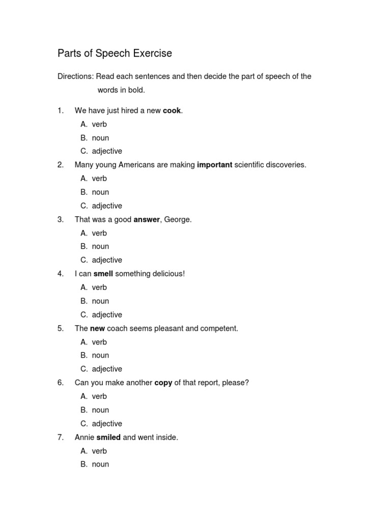 Parts of Speech Exercise | PDF | Adjective | Verb