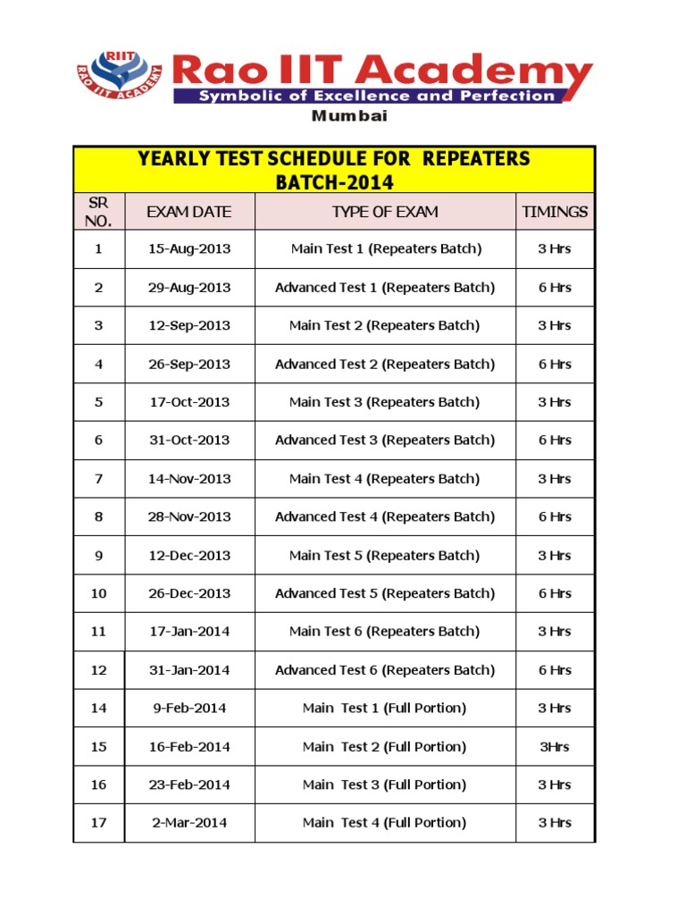 Yearly Test Schedule | PDF