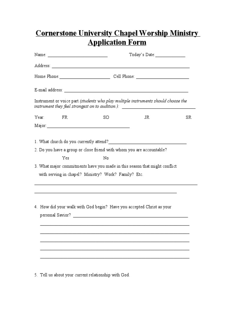 Cornerstone University Chapel Worship Ministry Application Form | PDF ...