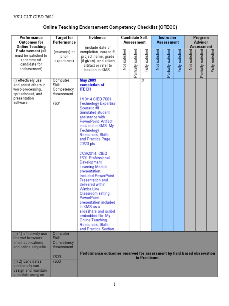 Online Teaching Endorsement Competency Checklist (OTECC) : Vsu CLT Cied ...