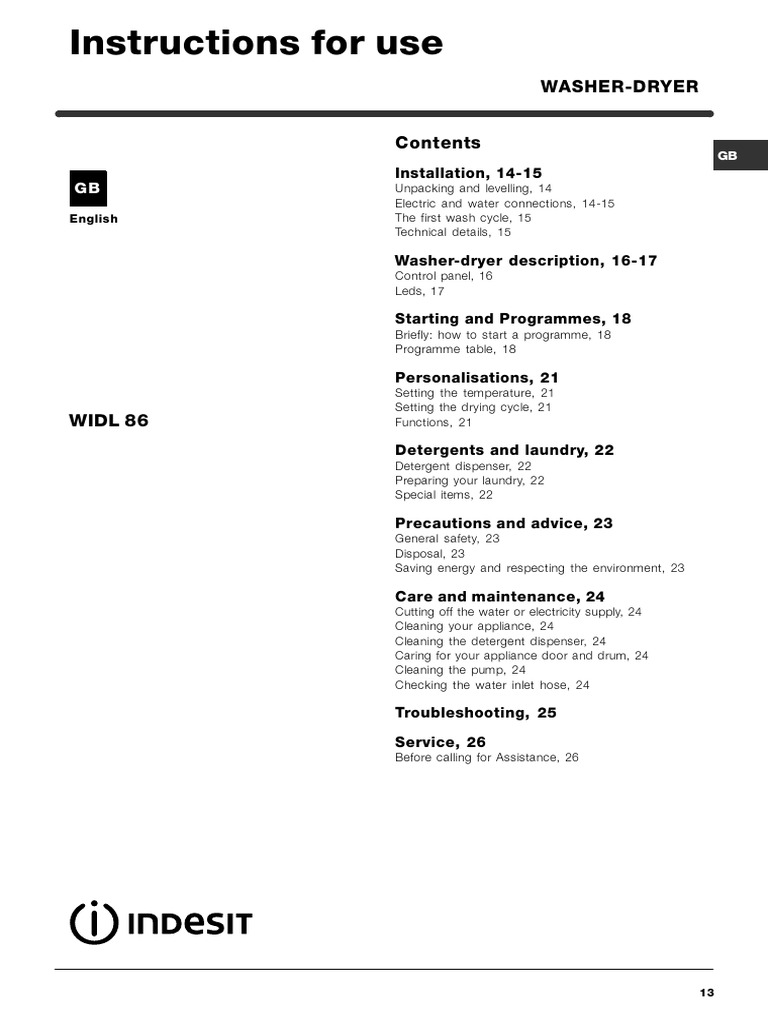 Indesit Widl 86 | PDF | Washing Machine | Cleaning