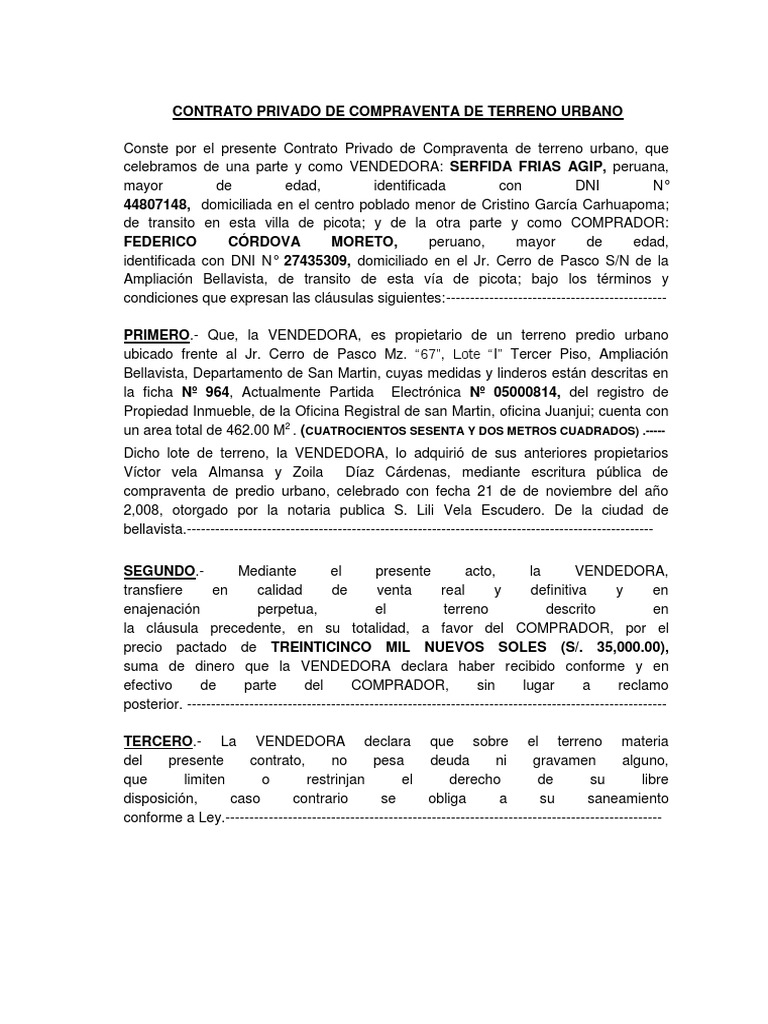 Contrato Privado De Compraventa De Terreno Urbano Justicia Crimen Y